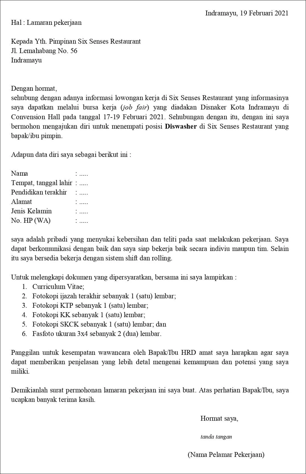 7 Contoh Surat Lamaran Kerja di Cafe dan Restoran